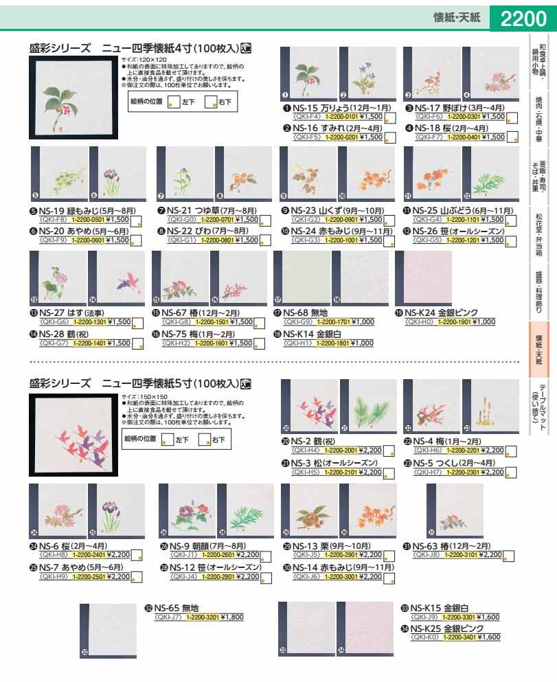 ●幅×奥行(mm):120×120●和紙の表面に特殊加工してありますので、絵柄の上に直接食品を載せて頂けます。●水分・油分を通さず、盛り付けの美しさを保ちます。※御注文の際は、100枚単位でお願いします。