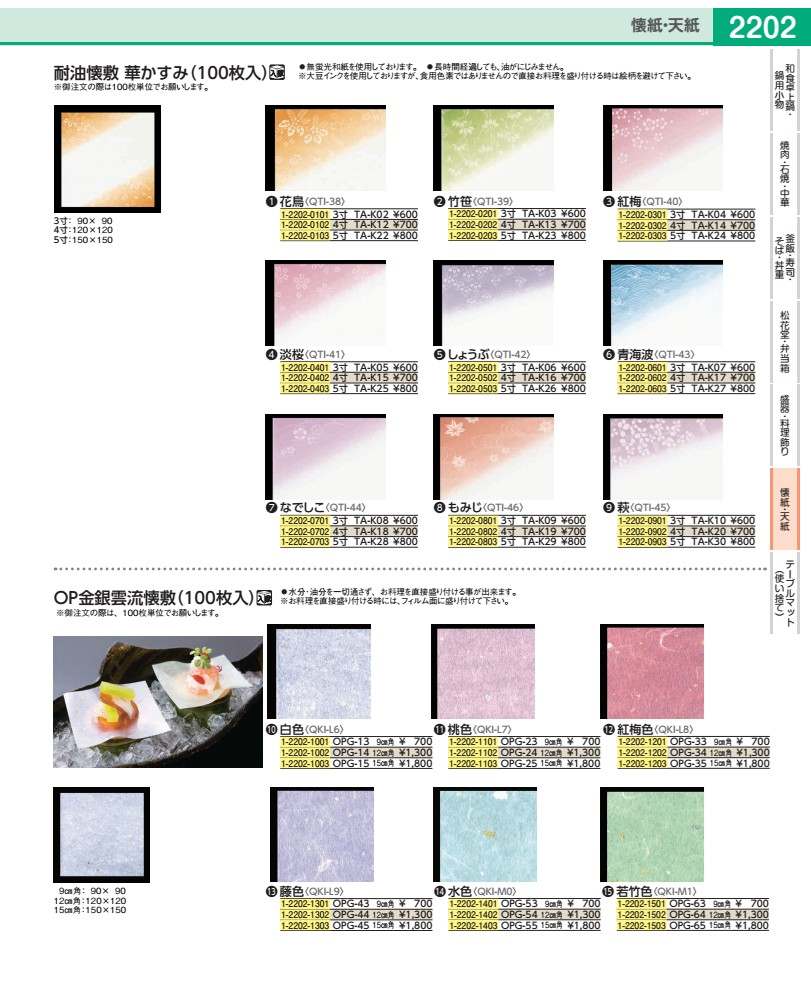 ●幅×奥行(mm):150×150●無蛍光和紙を使用しております。●長時間経過しても、油がにじみません。※御注文の際は100枚単位でお願いします。※大豆インクを使用しておりますが、食用色素ではありませんので直接お料理を盛り付ける時は絵柄を避...