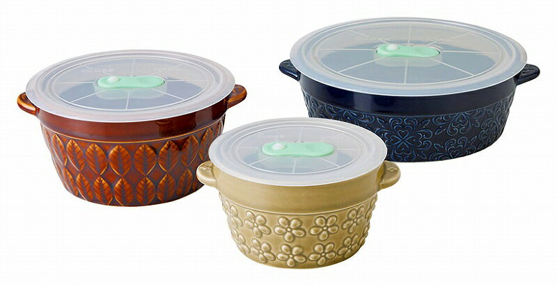 商品情報サイズ・材質パックS/12×9.9×H6cm(280ml)・パックM/14.6×12.4×H6.7cm(580ml)・パックL/17.8×15.2×H5.5cm(660ml)×各1 磁器 蓋/ポリプロピレン補足電子レンジ対応 ※釉薬...