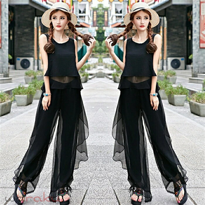 パンツセット レディース セットアップ 上下セット 春 夏 トップス ブラウス ノースリーブ ワイドパンツ ガウチョパンツ ロングパンツ おしゃれ きれいめ 着痩せ 薄手 涼しい 体型カバー ゆったり 女性らしい 大人可愛い 通勤 通学 お...