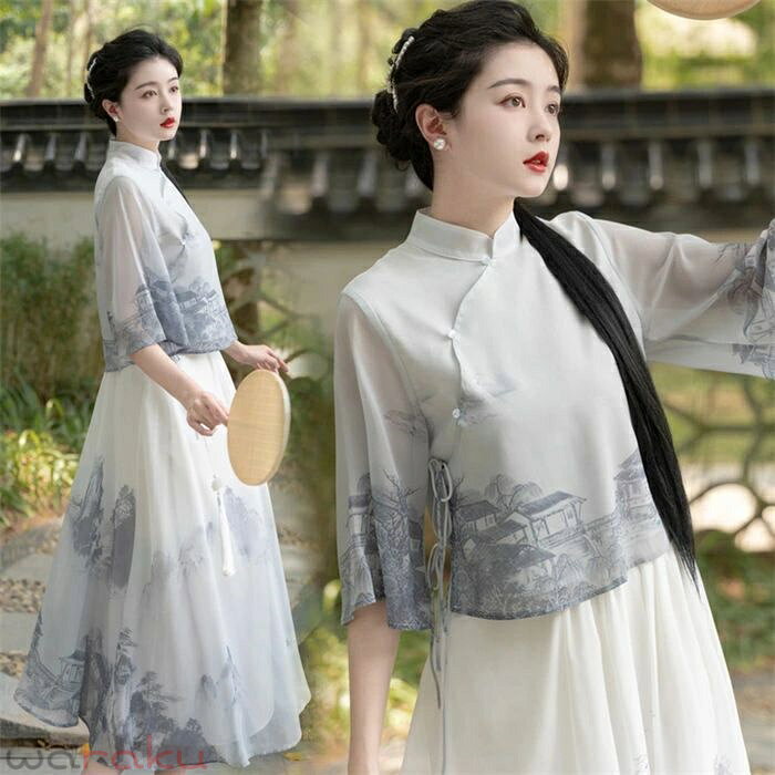 中華服 単品 チャイナ服 漢服唐装 古代 改良漢服 チャイナドレス セットアップ 七分袖 チャイナブラウス シフォンスカート グラデーション レディース 大人 中国民族風 エスニック 中華ドレス 撮影 演出 中華宮廷 二胡 箏 ダンスウェア...