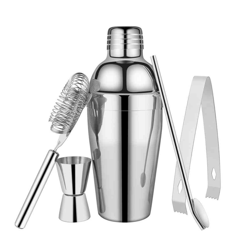 サイズ 550ml 750ml サイズについての説明 セット内容：カクテルシェーカー(容量550ml/750)、メジャーカップ(容量15-30ml)、バースプーン、アイストング，ミキシングストレーナー 素材 ステンレス 色 シルバー(5点セ...