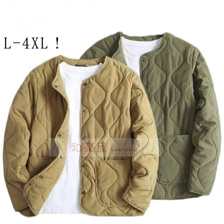 L-4XL！1枚は持っていたい、人気のノーカラーキルティングジャケット。ゆとりのあるサイズ感なのでセーターやパーカーなどと重ね着が可能です。中綿キルティングは防寒性と軽さもあり着やすく、ノーカラーなのでマフラーなども邪魔になりません。デニム...