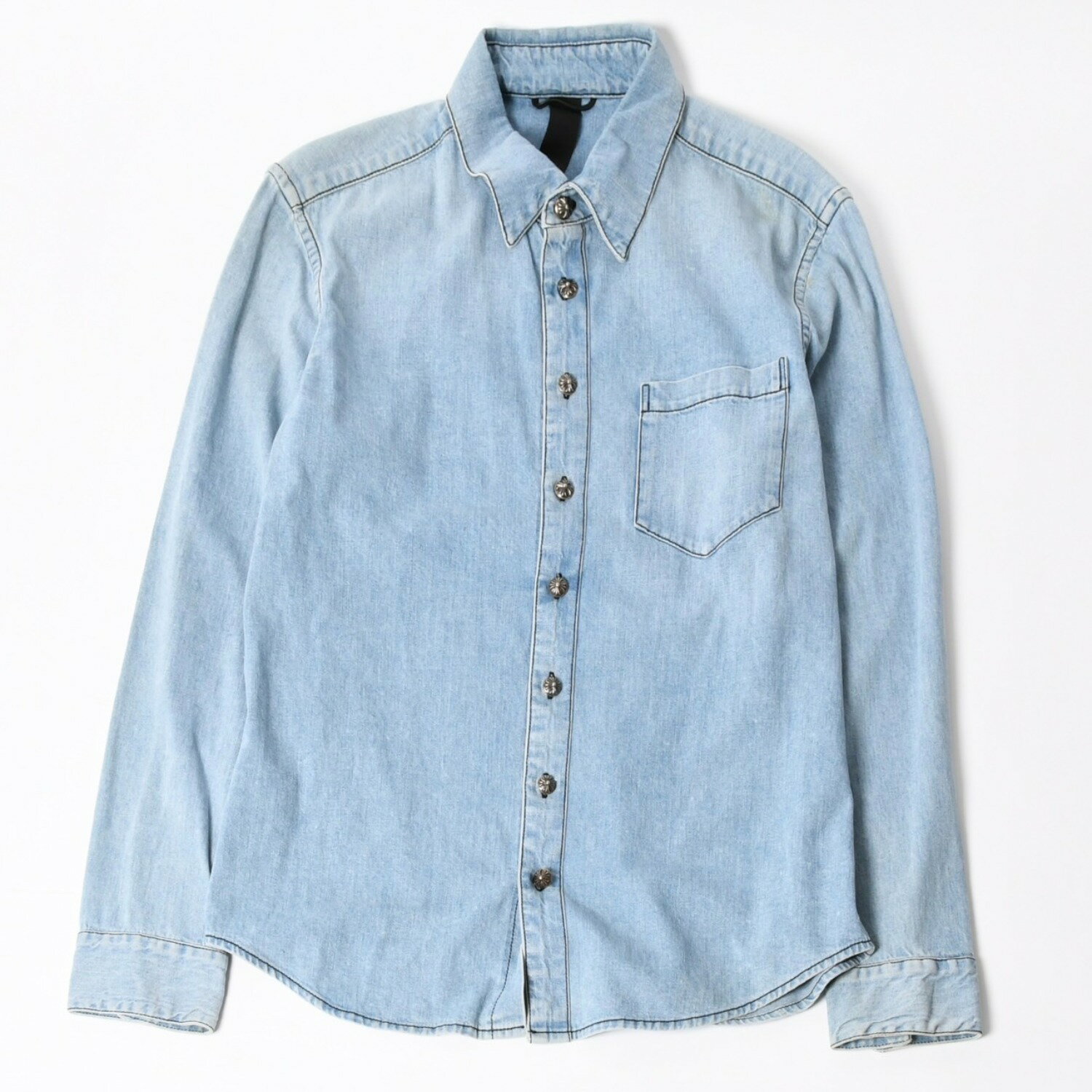 商品詳細 【商品名】 CHROME HEARTS クロムハーツ Y NOT Cross Ball Button LAST BITE Denim Shirt クロスボールボタン ライトブルー デニムシャツ Mサイズ シルバー925 良品 中古...