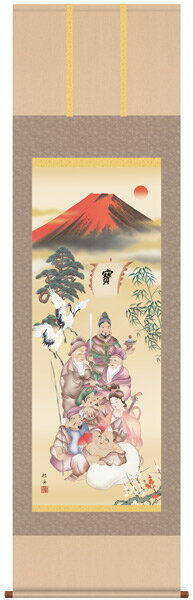 　　　　　　　　　【吉祥七福降臨図　掛け軸】　　　　　 【福・寿・財】の三徳をもたらす福々しい七福神 作者・・・・・・・長江　桂舟 寸法・・・・・・・190cm×54・5cm 表装・・・・・・・洛彩緞子本表装 軸先・・・・・・・陶器 桐箱畳...