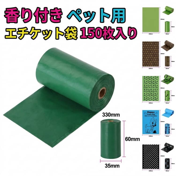 環境に配慮した生分解性素材を使用したペット用エチケット袋。1ロール15枚入り×10ロールセットで、毎日使いやすい大容量仕様。厚手タイプで破れにくく、耐久性に優れた安心設計。ミシン目入りでスムーズに切り離しでき、使いやすさ抜群。コンパクトロー...