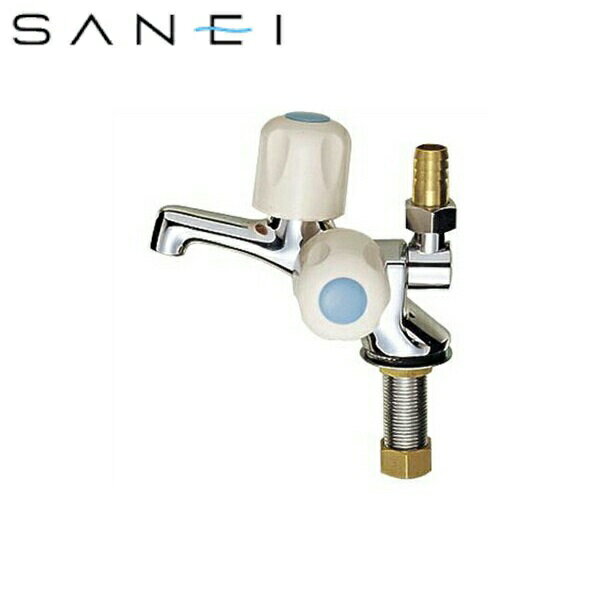 三栄水栓［SANEI］ 二口立水栓JF504V-13 上のハンドルで吐水口部、横のハンドルで 後部に吐水。 ホース接続部：PT31 ホース接続側のみ逆止弁SANEI JF504V 13