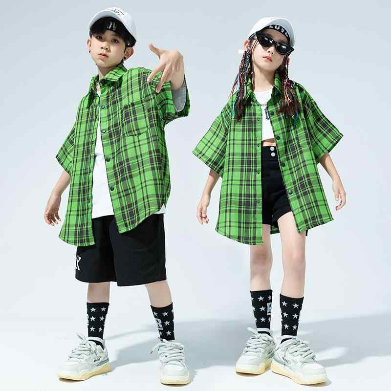 ・カテゴリ: 子供ダンス服・スタイル: ヒップホップ・主な素材: ポリエステル100%・カラー展開: 緑チェック半袖、黒ショートパンツ、白タンクトップ、白半袖・対応身長: 110cm、120cm、130cm、140cm、150cm、160c...