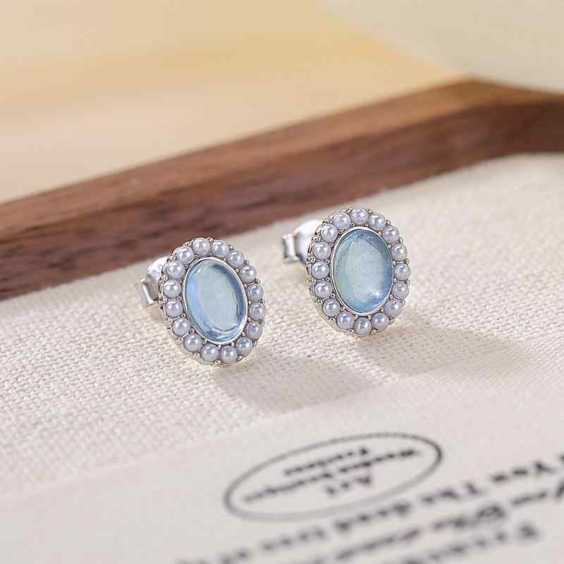 ・カテゴリ: イヤリング・スタイル: 文芸レトロ・素材: 925シルバー・加工方法: 象嵌・象嵌素材: アクアマリン・デザイン要素: 楕円、幾何学・対象: 女性