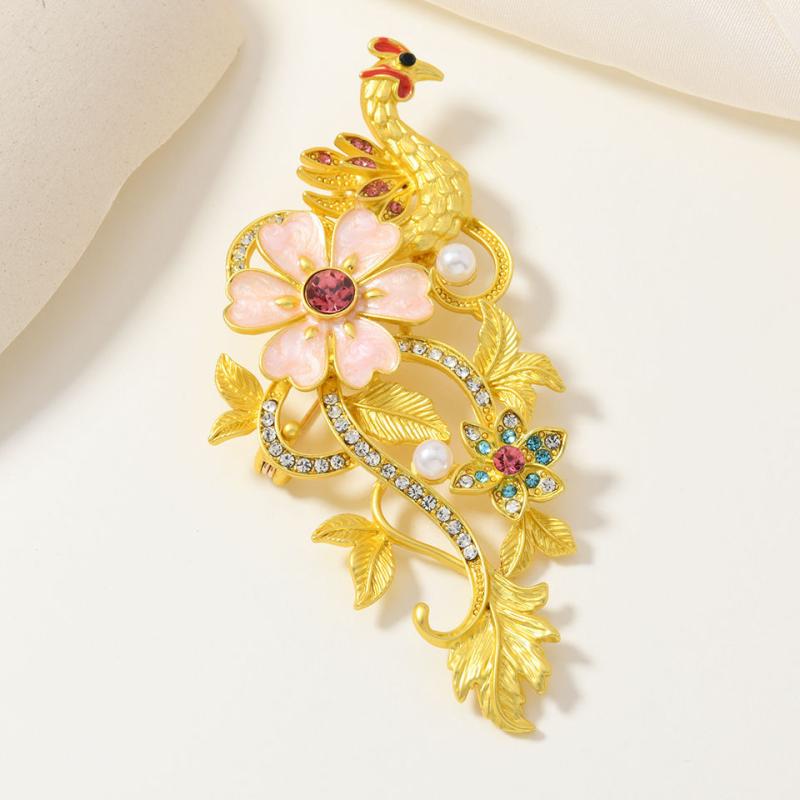 ・種類: ブローチ・素材: 合金・カラー: ピンク・モチーフ: 鳳凰（花柄）・装飾: ラインストーン埋め込み・仕上げ: 釉薬彩色・スタイル: 文芸レトロ・機能: 装飾、結婚式用途、衣類固定・対象: 男女兼用