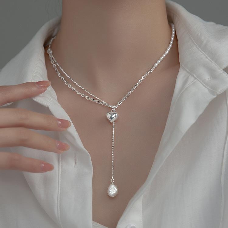 ・カテゴリ: ネックレス・スタイル: 文芸レトロ・主な素材: 銅・加工方法: 電鍍・デザイン: ハート型・チェーンの種類: ラウンドビーズチェーン・ペンダント素材: 合金・長さ: 約21cm～50cm・カラー: シルバー、パール・対象: 女性