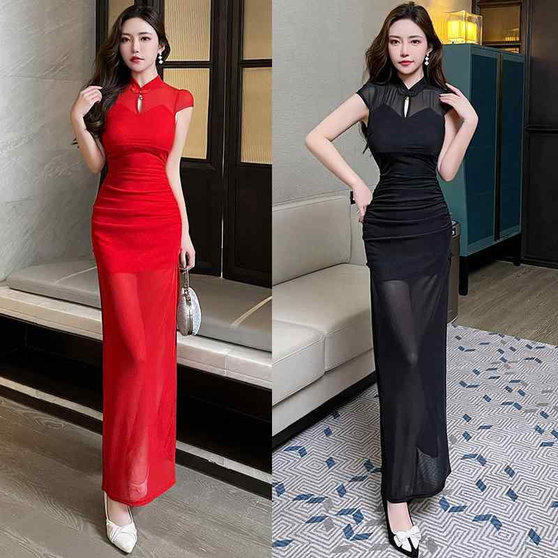 ・カテゴリ: ワンピース・主な素材: ポリウレタン・加工: 盤留め・スタイル: エレガントフェミニン・スカート丈: ロング・スカートタイプ: タイトスカート・ネックライン: ハーフオープンネック・袖タイプ: レギュラー・袖丈: 半袖・ウエス...