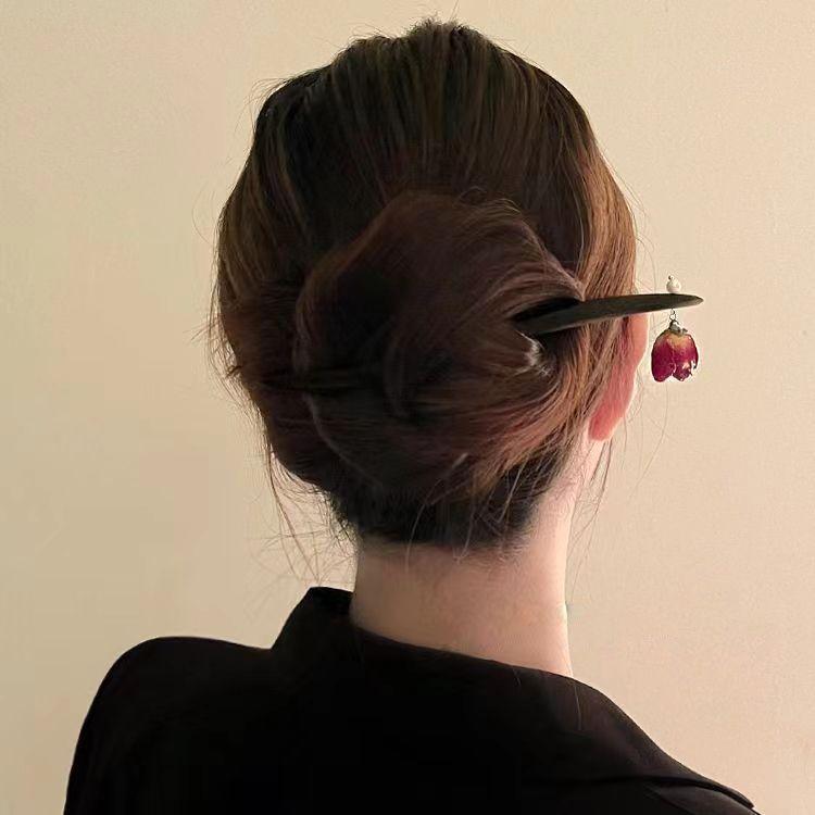 ・カテゴリ: ヘアアクセサリー・素材: 木・スタイル: レトロ・デザイン: 花柄・カラー: ドライローズ