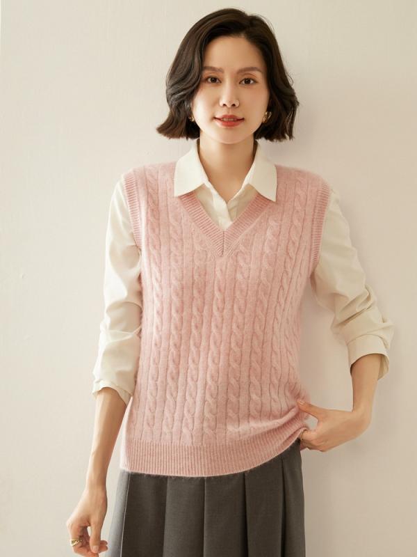 ・カテゴリ: ベスト・タイプ: プルオーバー・丈: ミドル丈・ネックライン: Vネック・柄: 無地・デザイン: ケーブル編み・主な素材: カシミヤ30%～50%未満・カラー展開: ホワイト、ターコイズブルー、ブーケピンク、レッド、コバルトブ...