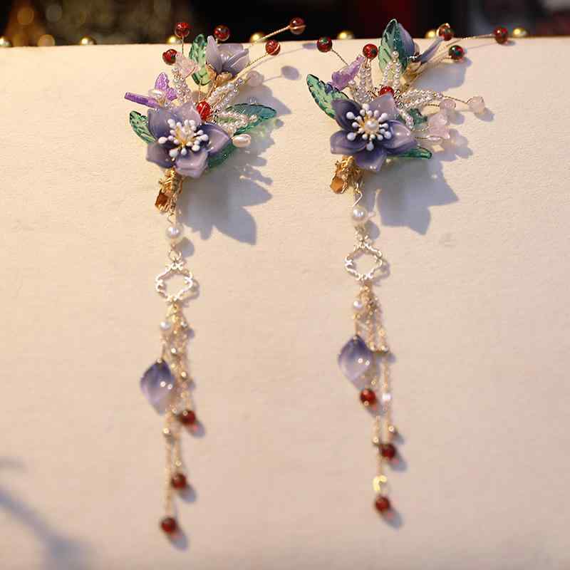 ・素材: フェイクパール・柄: 花柄・加工: ハンドメイド・ヘアクリップ種類: ペアクリップ・カラー展開: 藤色・スタイル: 中国風、レトロ・カテゴリ: ヘッドドレス・対象: 女性
