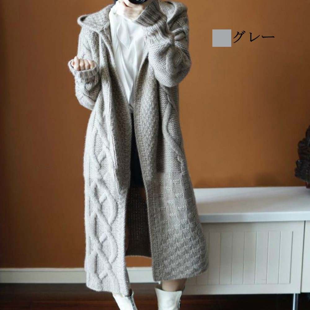 【商品名】フードニットカーディガン【カラー】ブラック グレー ベージュ【サイズ】free【サイズ表記】・freeサイズ:着丈100 身幅110 肩幅47 袖丈57【素材】コットン【重量】0.5kg【季節】春 秋 冬【スタッフコメント】ざっく...