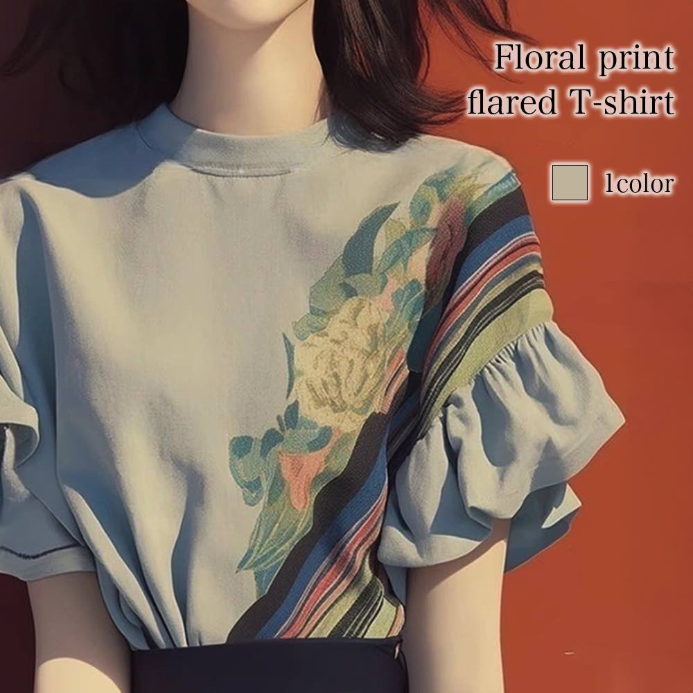 【商品名】花プリントフレアTシャツ【カラー】グレー【サイズ】S M L XL【サイズ表記】・Sサイズ:着丈58 身幅92 肩幅38 袖丈20・Mサイズ:着丈59 身幅96 肩幅39 袖丈21・Lサイズ:着丈60 身幅100 肩幅40 袖丈2...