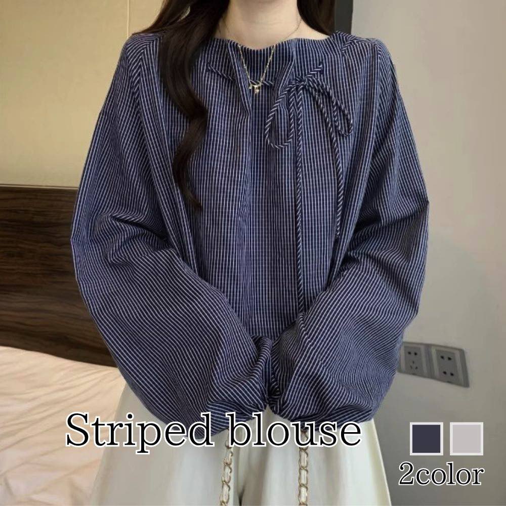【商品名】ストライプブラウス【カラー】ネイビー ベージュ【サイズ】S M L XL【サイズ表記】・Sサイズ:着丈44 身幅110 肩袖丈70・Mサイズ:着丈45 身幅114 肩袖丈71・Lサイズ:着丈46 身幅116 肩袖丈72・XLサイズ...