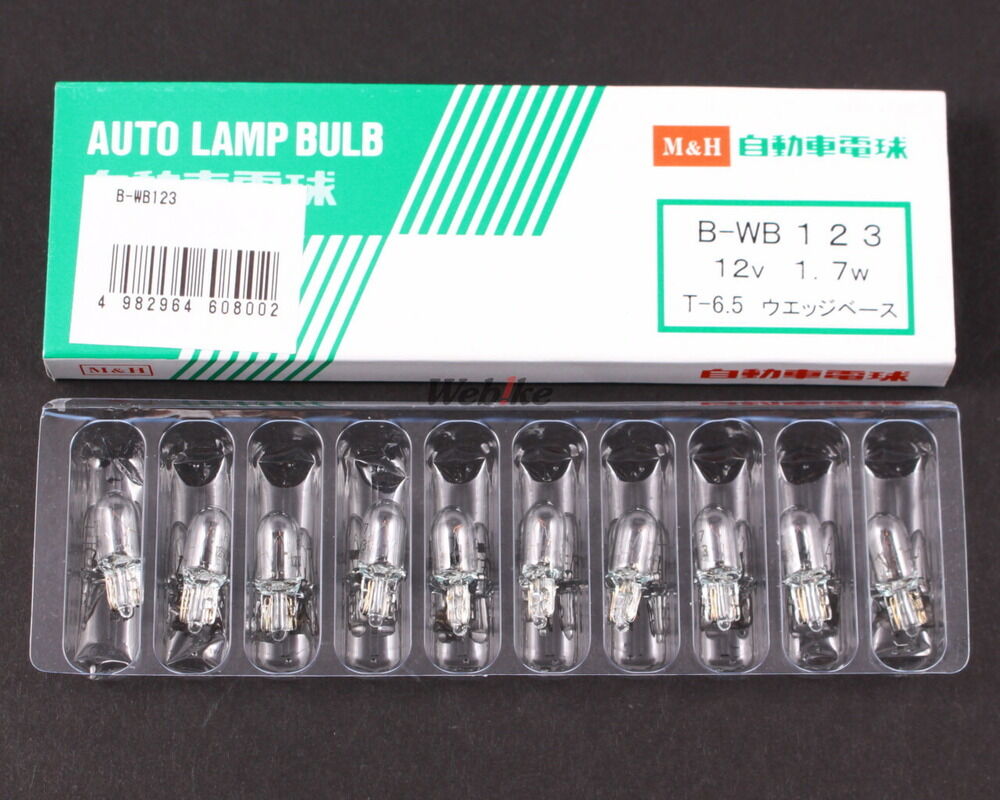 ■商品概要入数：1箱(10個入り)カラー：クリア形状：ウェッジ型 シングル T6.5 (特殊)定格：12v 1.7w用途：メーター用、ポジション用電球番号：WB123■注意点※図はガラスと口金の形状を分かりやすく示したもので、フィラメントと...