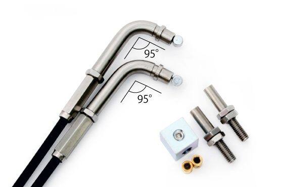 ■商品概要95度角2本入ワイヤー長：最大1400mm専用カシメ工具付属■詳細説明ほぼすべてのハンドルに対応可能な、ハイスロットルキットEVO・EVO2専用の汎用スロットルワイヤー。付属の専用カシメ工具を使用して、任意のワイヤー長に仕上げます...