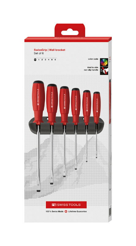 ■商品概要質量(g)：622【セット内容】・スイスグリップマイナスドライバー(8100-1・2・3・4・5・6)・ホルダー■詳細説明スイスグリップはポリプロピレン・サントプレンの2種の新素材からなるハンドルです。ハンドル形状は人間工学的デザ...