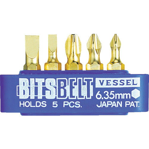 ■商品概要【セット内容】[[(+)]]1、2、3、[[(-)]]4、6×25.4mm、ビットベルトホルダ【セット内容 (点)】5【重量】41g【素材／材質】・特殊鋼【入数】5本【原産国】日本■詳細説明【特長】●交換ビットセットです。