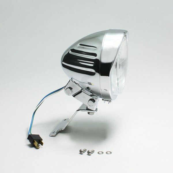 ■商品概要◆カラー：クロームメッキ◆H4バルブ12V60/55W◆ライトジョイント、取付ステー、H4カプラ付■詳細説明光軸調整用ステーの取付け位置を使用して、ステム三又に付属のヘッドライトステーを取付けます。スチール製クロームメッキでバルブ...