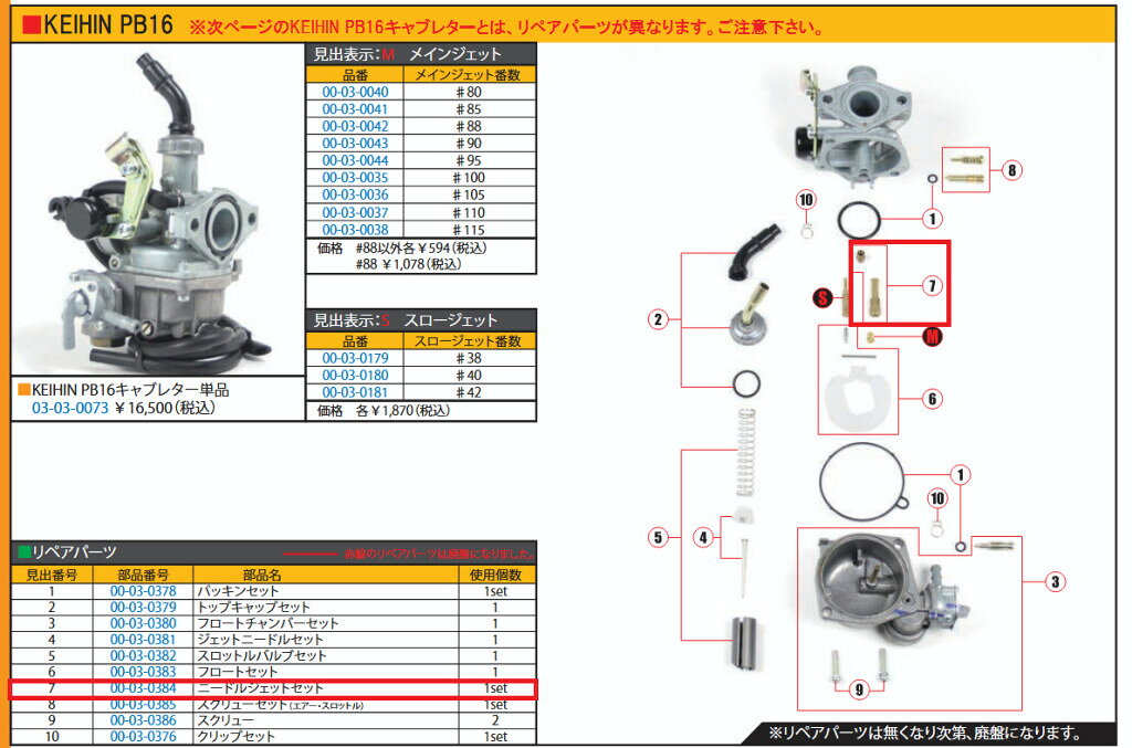 ■商品概要【画像内番号】7対象商品品番：03-03-0073/03-05-0116■詳細説明PB16キャブレター用の補修部品です。■注意点※該当商品は画像赤枠内です。※画像には他の商品が含まれています。※ロットによっては、価格変更前の旧価格...