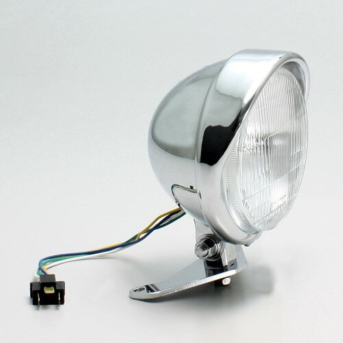 ■商品概要◆サイズ：5.5インチ◆素材：スチール製クロームメッキ◆H4組込みハロゲンバルブ12V60/55W◆取付ステー、H4カプラ付き■詳細説明ノーマルステーの取付け位置を使用して、ステム三又に付属のヘッドライトステーを取付けます。スチー...