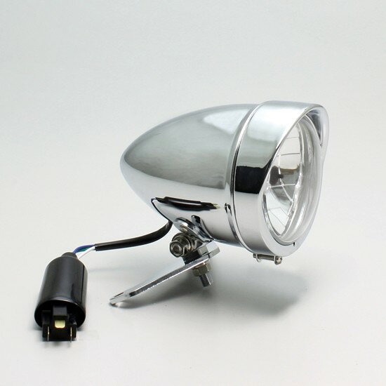 ■商品概要◆サイズ：4.5インチ◆マルチリフレクター◆素材：スチール製クロームメッキ◆H4組込みハロゲンバルブ12V60/55W◆取付ステー、H4カプラ付き■詳細説明ノーマルステーの取付け位置を使用して、ステム三又に付属のヘッドライトステー...