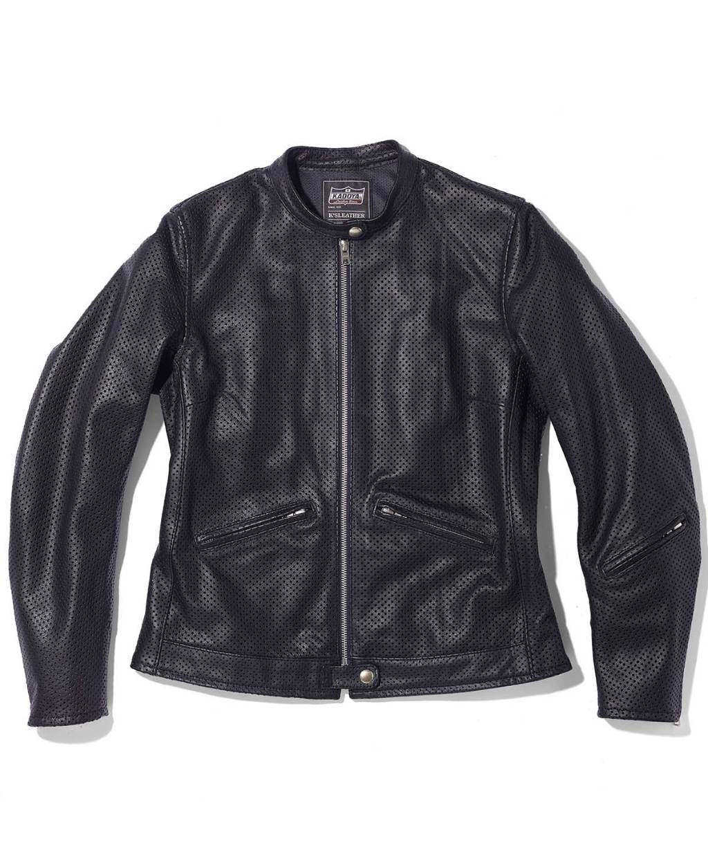 ■商品概要■レディース■カラー：ブラック■素材表：パンチングレザー(牛革)裏：ポリエステルメッシュ■詳細説明ファスナーおよびドットボタンには刻印が入ったKADOYAオリジナル品を採用。ウェストには両玉縁のファスナーポケットを配置。左袖にはフ...