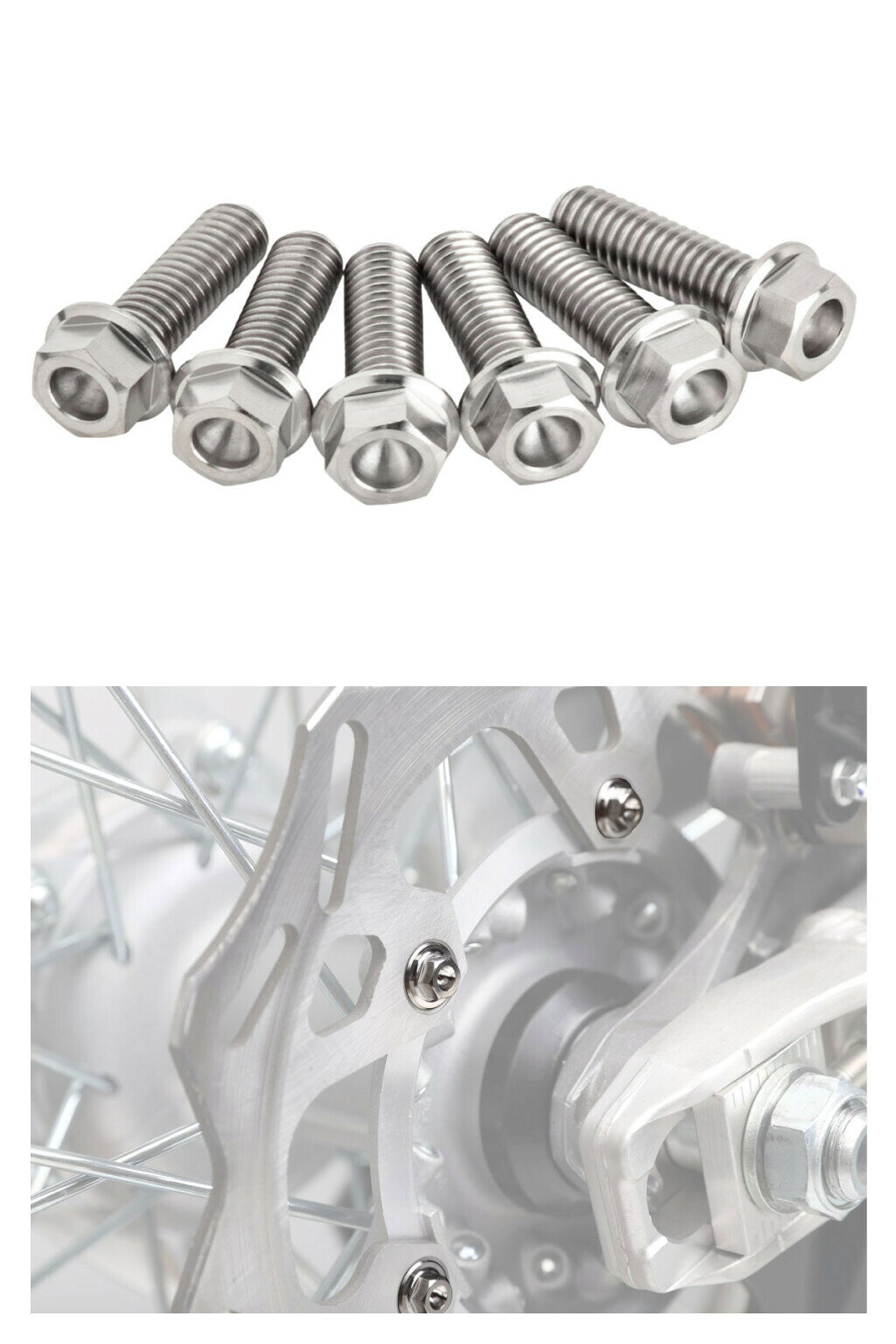 ■商品概要メーカー品番：ZT31-5616タイプフランジサイズM6 P=1.0 20mm入数6本■詳細説明チタン製 ディスクボルトは作業性を重視し、頭部形状を純正品とは異なる形に設計。64チタンの強度の優位性から、工具の掛代を増やすことに成...