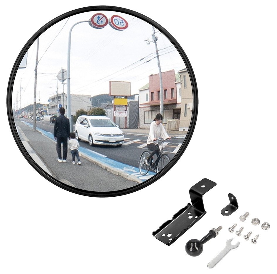■商品概要【仕様】・曲面率：1000R・ミラーサイズ：約Φ300・視認距離：-約30m【内容物】・ミラー本体×1・ピボット×1・取付金具×1・L型金具×1・フランジナット×2・ボルト×1・タッピングビス×4・スパナ×1■詳細説明・ワイドな視...