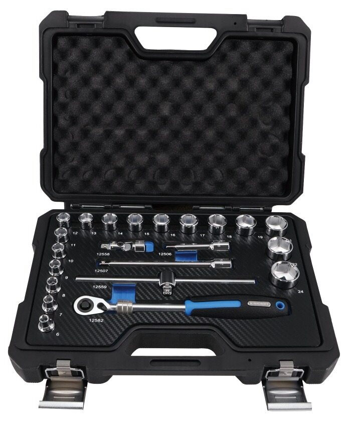 ■商品概要●差込角(DR)：3/8●ソケット全長(mm)：25(6-14mm)、26(15-19mm)、28.5(21-24mm)●材質：クロムバナジウム鋼●ケースサイズ(mm)：W300×D180×H55●質量(kg)：1.7●セット内容...