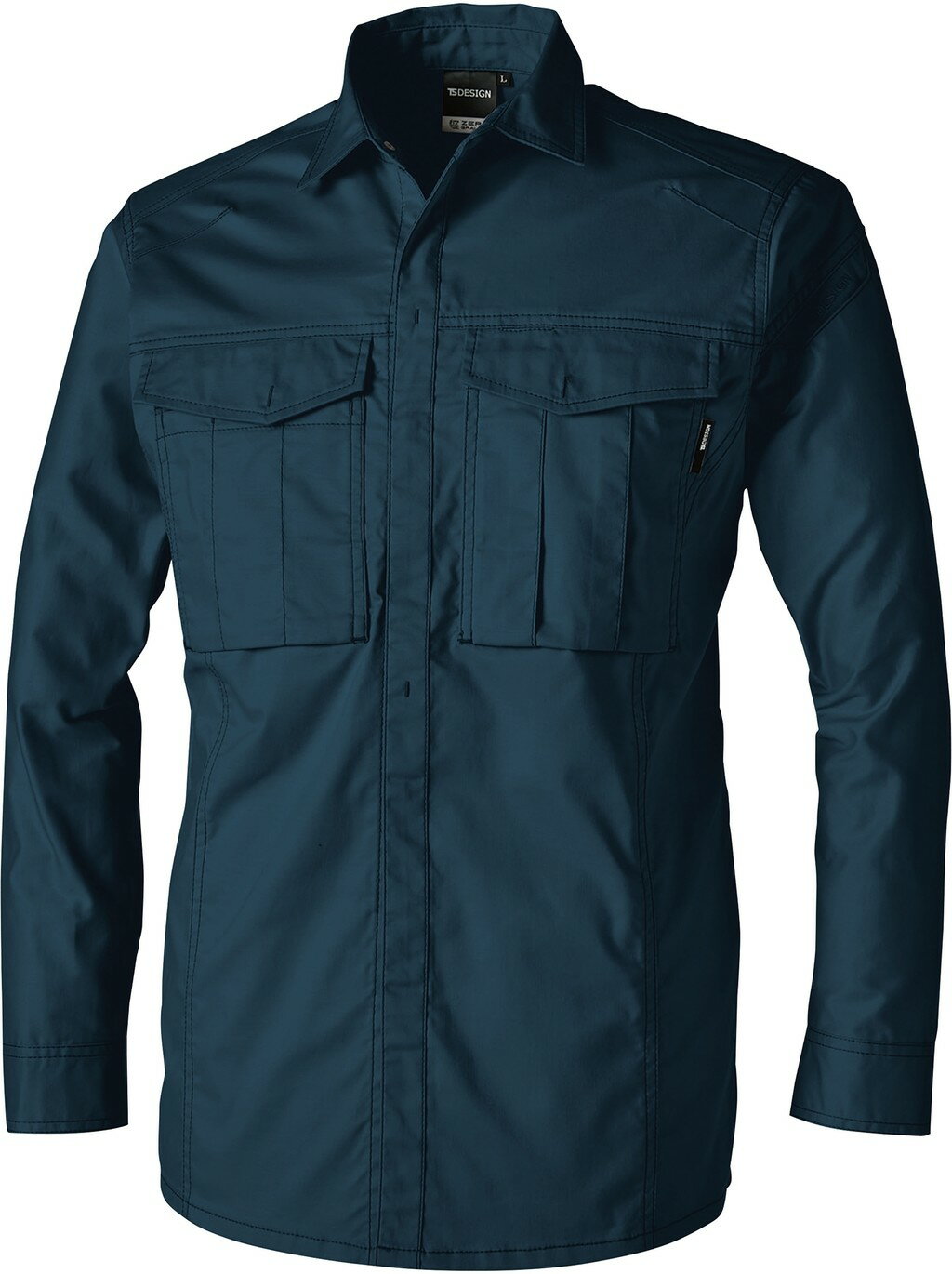 ■商品概要カラー：45 ネイビーFeature・綿100％の風合いを実現・軽量・ストレッチ性(ヨコ14％)・前立て＋両胸フラップ仕様・マルチスリーブポケット付・袖口調整ボタン付・高品質の日本製素材・ポリエステル芯を綿で包んだストレッチ二層構...