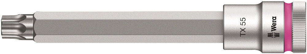 ■商品概要●差込角 (DR)：1/2●トルクスサイズ (TX)：55●全長 (mm)：140●クロムバナジウム鋼、マットクロムメッキ●WERA品番：05003857001■詳細説明●1/2インチのドライブと保持機能を備えたビットソケットによ...
