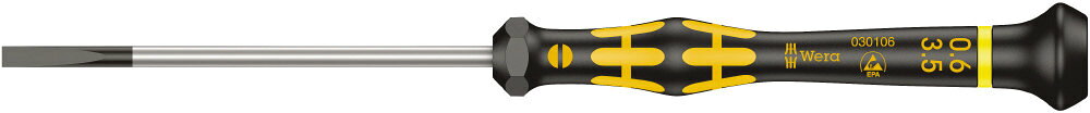 ■商品概要●先端サイズ (mm)：0.60×3.5●軸長 (mm)：80●ESD静電気放電対策●WERA品番：05030106001■詳細説明●ESD対策済みのマイクロドライバー。●静電気エネルギーとそれに伴う損傷に対する信頼性の高い保護。...
