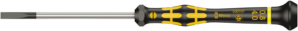 ■商品概要●先端サイズ (mm)：0.80×4.0●軸長 (mm)：80●ESD静電気放電対策●WERA品番：05030107001■詳細説明●ESD対策済みのマイクロドライバー。●静電気エネルギーとそれに伴う損傷に対する信頼性の高い保護。...