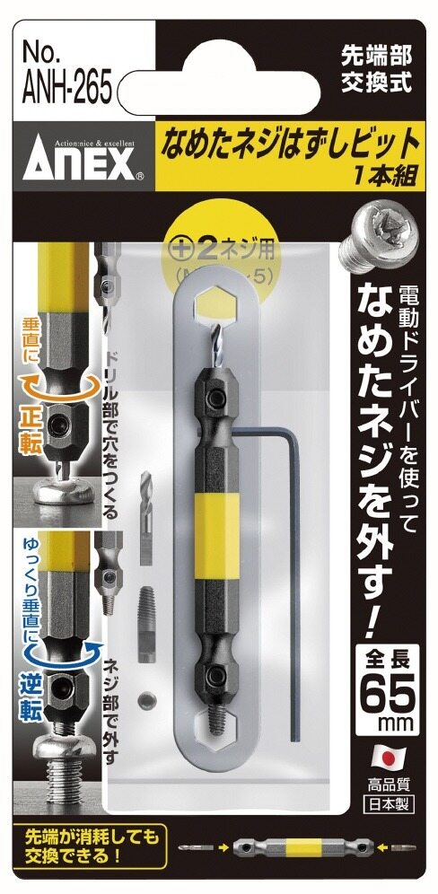 ■商品概要●全長(mm)：65●対応サイズ：(＃)2●セット内容：スペアドリル2mm、スペアネジ部品NO.2用、専用レンチ、専用スパナ、固定用ネジ(各1個)■詳細説明●なめたネジが間単に外せます。(ドリルで穴があくネジであれば使用可能です。...