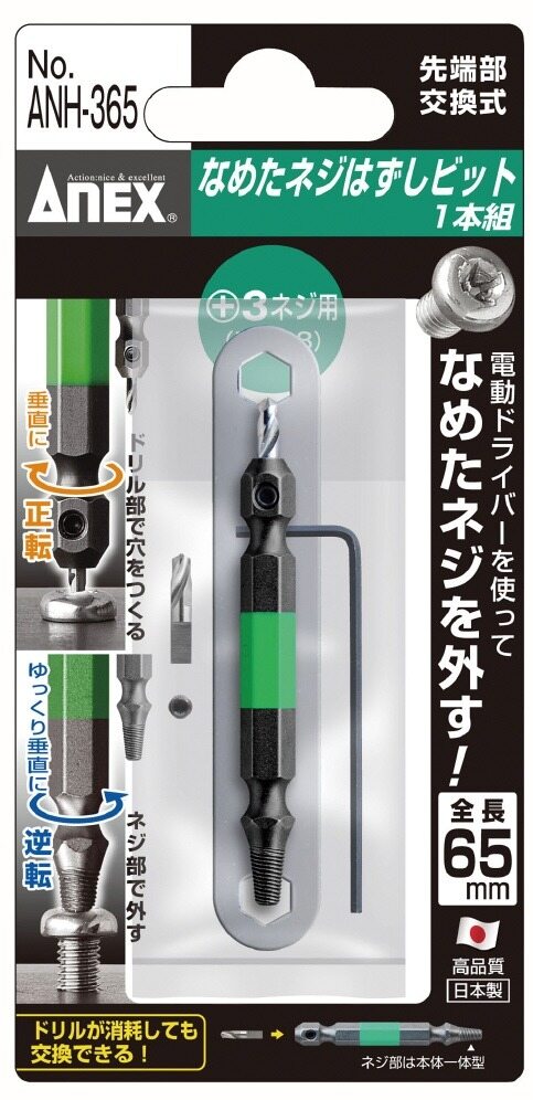 ■商品概要●全長(mm)：65●対応サイズ：(＃)3●セット内容：スペアドリル3mm、専用レンチ、専用スパナ、固定用ネジ(各1個)■詳細説明●なめたネジが間単に外せます。(ドリルで穴があくネジであれば使用可能です。)●先端部交換式。●ドリル...