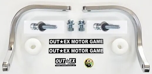 ■商品概要ハンドルバーエンドM8ボルト用【ベンドタイプ】商品内容(1)レバーガード本体 左右セット ×1(2)ジュラコンスライダー ×2(3)6角ステンレスアダプター ×2(4)歯付ワッシャー ×4(5)6角キャップボルトM8×60L、13...