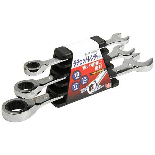 ■商品概要【商品仕様】セット内容：10・13・17mm【規格】SGR-N3SET■詳細説明狭い場所でも作業性抜群、本締め可能なラチェットレンチの3本組セットです。【用途】六角ボルト・ナットの締付け、緩め作業。【商品機能】ギア数72山採用で、...