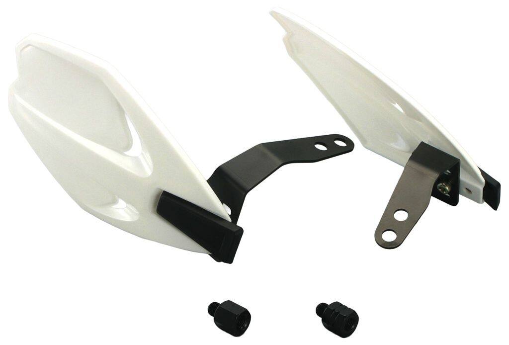 ■商品概要カラー：ホワイト素材：ポリプロピレン製左右1セットステー：スチール製ブラックYAMAHA逆ネジ車専用(ミラー取付：M8)M8逆ネジミラーアダプター付属(高さ調節用)■詳細説明ライディング中の飛び石や寒風から拳を守るナックルカバーで...