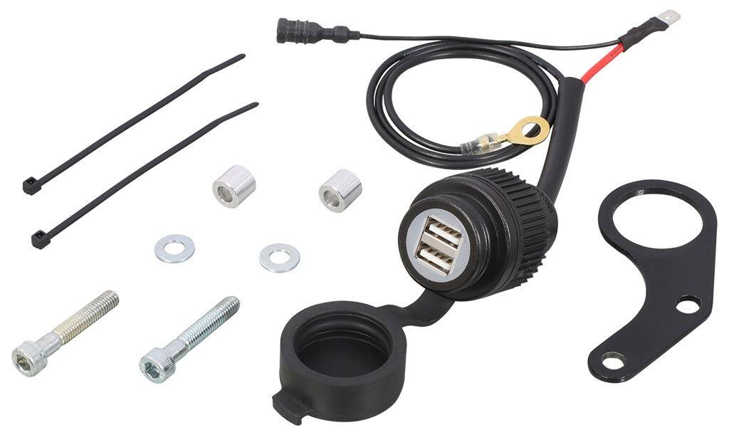 ■商品概要〇2ポートタイプ〇USBポート：1，000mA×2個〇DC5V 最大出力：2，000mA(1ポートのみ使用の場合)〇防滴仕様〇LED内蔵(ブルー)〇電源取り出し箇所：ブレーキスイッチ端子■詳細説明コネクターを割り込ませるだけで、U...
