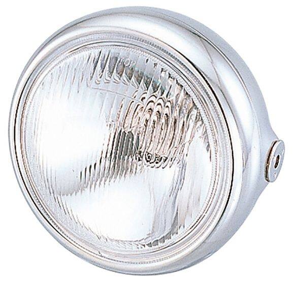 ■商品概要タイプ：12V35／35W H-4球仕様素材：スチール製クロームメッキ仕上げガラスレンズH-4球付属■詳細説明ミニバイクに最適な大きさのヘッドライトです。ヘッドライトケースはメッキとブラックの2種類を設定し、メッキヘッドライト仕様...