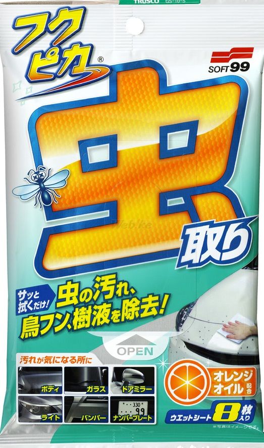 ■商品概要入り数：8枚(200×300mm)■詳細説明サッと拭くだけで、虫の死骸や鳥のフン、樹液等、塗装に悪影響を及ぼすしつこい汚れをクリーニング！従来の専用クリーナーとは異なり、ガラスや濃色車のボディに使用しても、白残りを抑えながらスッキ...