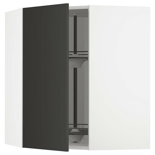 METOD メトード コーナーウォールキャビネット 回転式収納付き - ホワイト/ニッケボー マットチャコール 68x68x80 cm. 収納するものに合わせて棚の位置を調節できる可動棚付き 扉は右開きにも左開きにも取り付けられます 厚さ1...