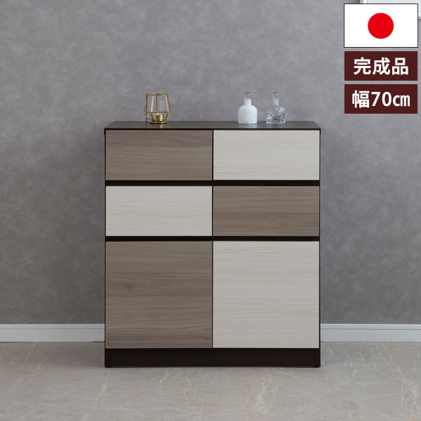 製品仕様(完成品) サイズ(約) 本体/幅70×奥行39×高さ77.5cm 重量(約) 23kg 材質 前板/強化プリント紙化粧繊維板、その他/プリント紙化粧繊維板 内寸(約) 引出し内寸/幅26×奥行33.5×深さ10.5(有効上から1段...