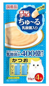 リニューアルに伴いパッケージ・内容等予告なく変更する場合がございます。予めご了承ください。 名　称 チャオ　ちゅ〜る　乳酸菌入り　かつお 内容量 14g×4本 特　徴 ◆乳酸菌400億個入り。 ◆一度与えたらやみつきになるおいしさです。 原...