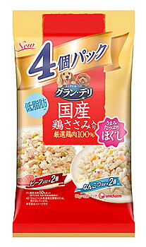 リニューアルに伴いパッケージ・内容等予告なく変更する場合がございます。予めご了承ください。 名　称 グランデリ　国産鶏ささみ入り　パウチ　ほぐし　成犬用　バラエティ　ビーフ入り・なんこつ入り 内容量 80g×4個 特　徴 ◆良質な100％国...